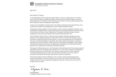 ELCA Presiding Bishop Letter to Congress on Gun Violence Prevention - ELCA Resources