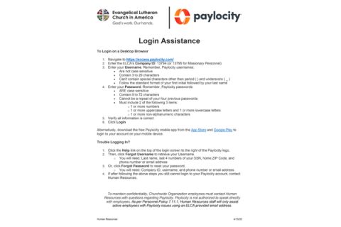Paylocity Login Assistance - ELCA Resources